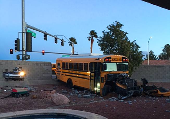Crash sends bus through block wall; woman injured - Las Vegas Sun News