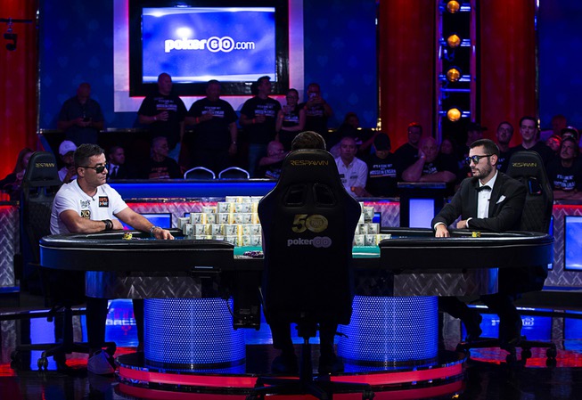2019 WSOP Final Table - Hossein Ensan, left, of Germany and Dario ...