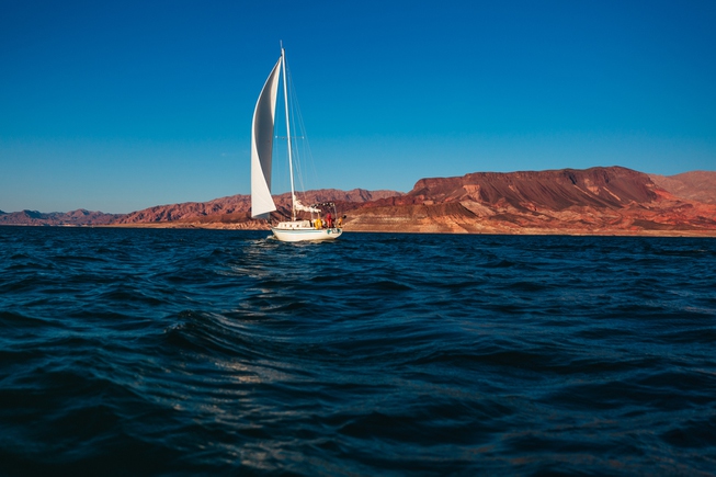 Boating at Lake Mead - A boat sails on Lake Mead Tuesday, July 9, 2019.