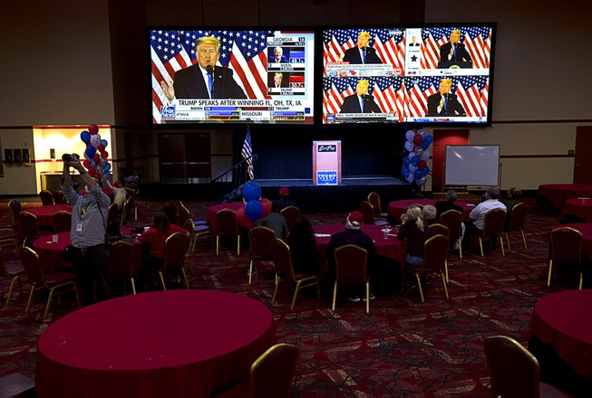 2020 Republican Watch Party - President Donald Trump speaks on a Fox ...