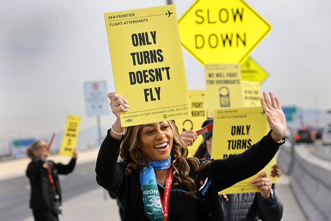 Frontier Airlines flight attendants picket over flight schedules, pay ...